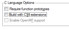 Options/Build Potions.../ set "C99 extensions" option should set "Require Function prototypes ...